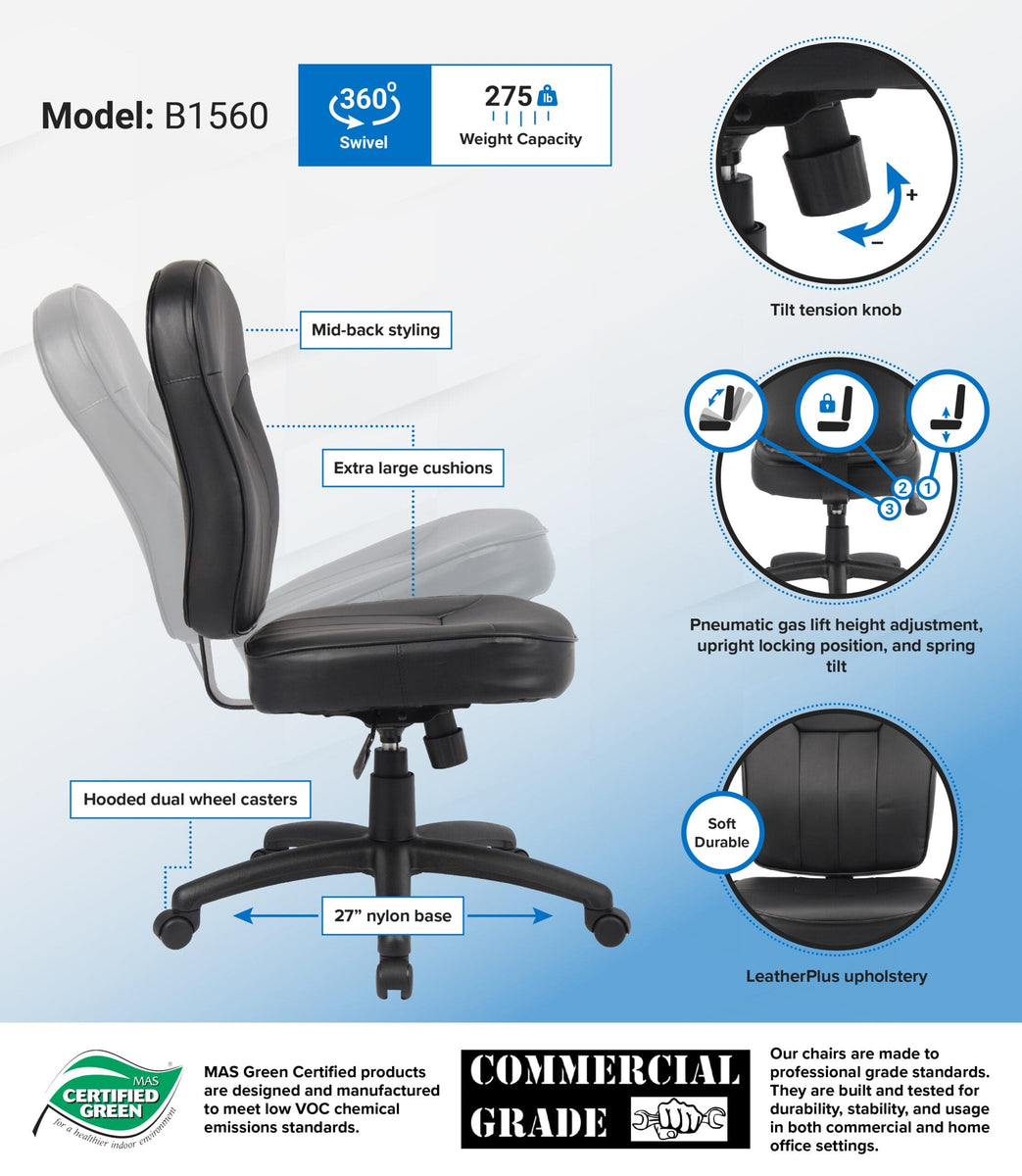 Boss LeatherPlus Armless Task Chair [B1560] – Office Chairs Unlimited ...